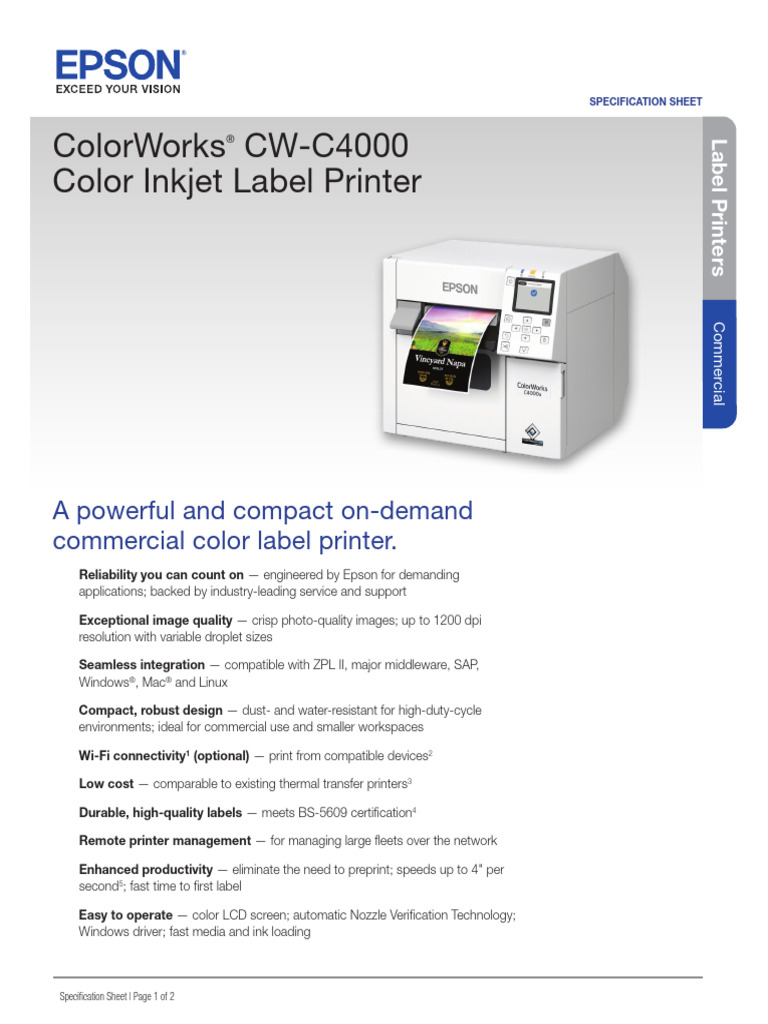 ColorWorks C4000 Label Printer Specification Sheet CPD-61505 FINAL PDF ...