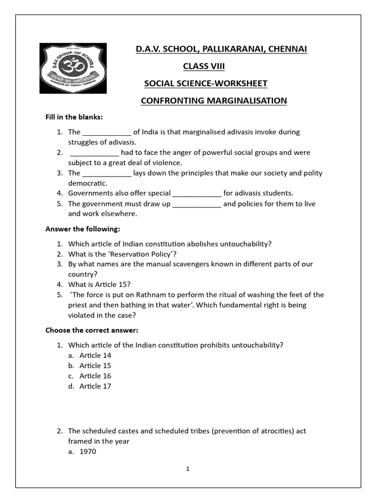 Class 8 - Confronting Marginalisation - Worksheet | PDF