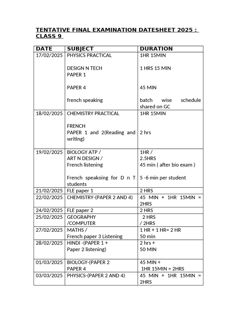 Grade 9 Final Exam Schedule 2025 | PDF
