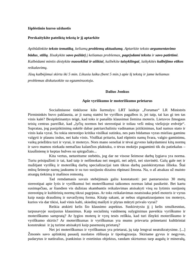 Isplestinis I Tarpinis Jonkus Apie Vyriskumo Ir Moteriskumo Prietarus | PDF