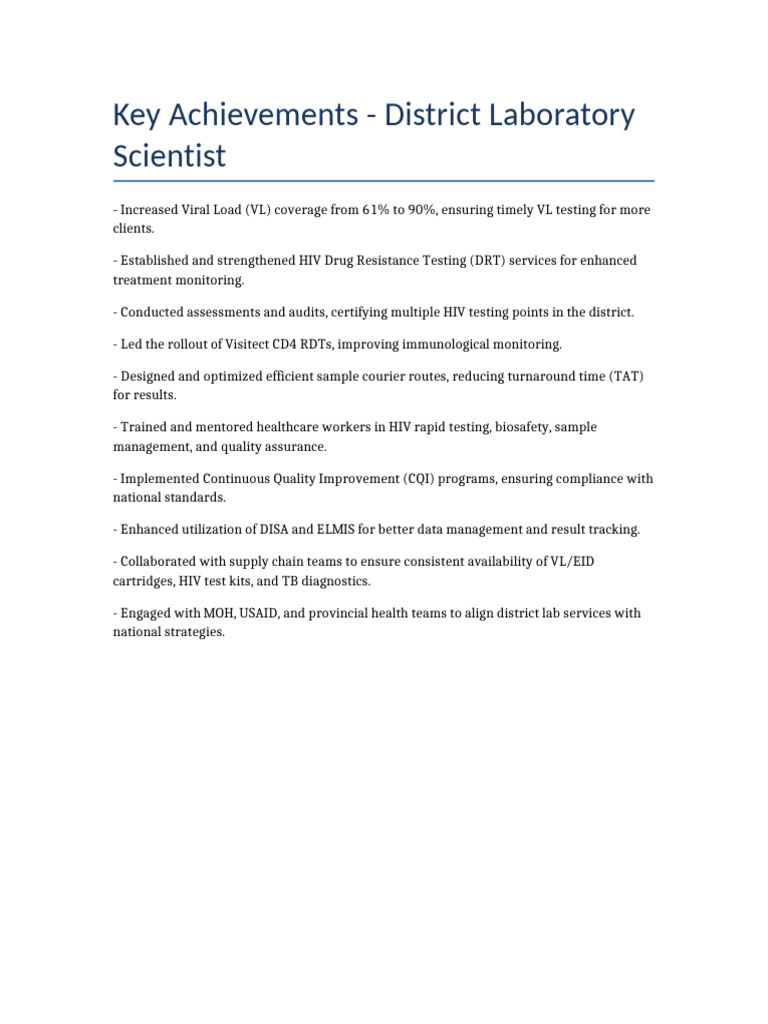 Key Achievements District Lab Scientist | PDF