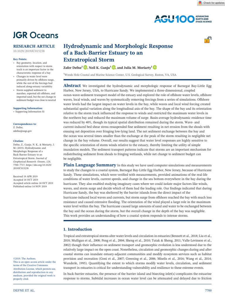JGR Oceans - 2019 - Defne - Hydrodynamic and Morphologic Response of A ...
