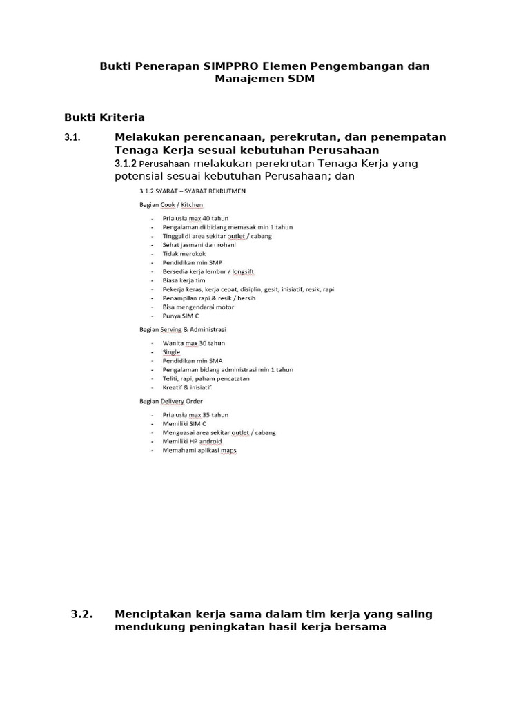 3. Bukti Penerapan SIMPPRO Elemen Manajemen SDM Chickenpoppe | PDF