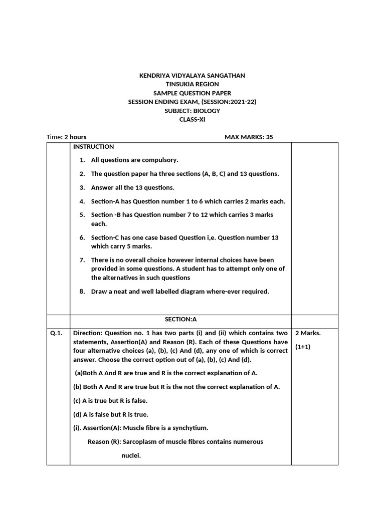 Class-Xi Bio, Sample Question Paper Set 1-1 | PDF | Biology | Physiology