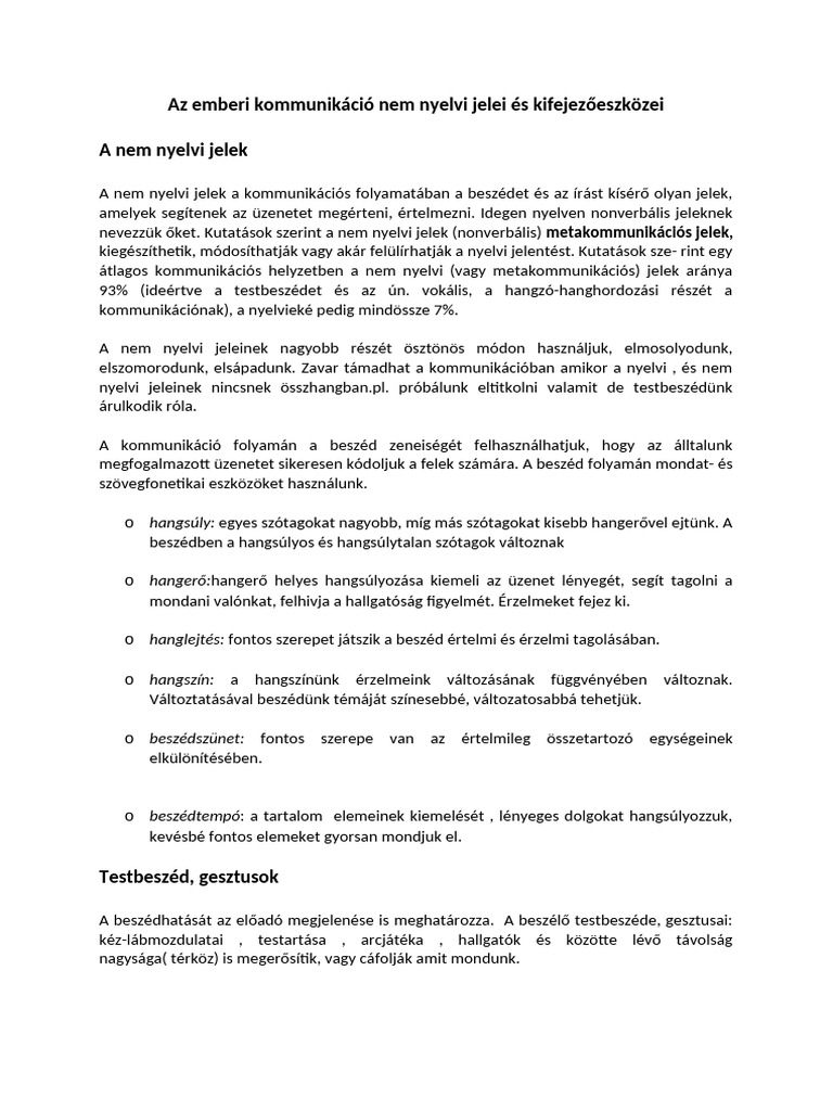 Az Emberi Kommunikáció Nem Nyelvi Jelei És Kifejezőeszközei | PDF