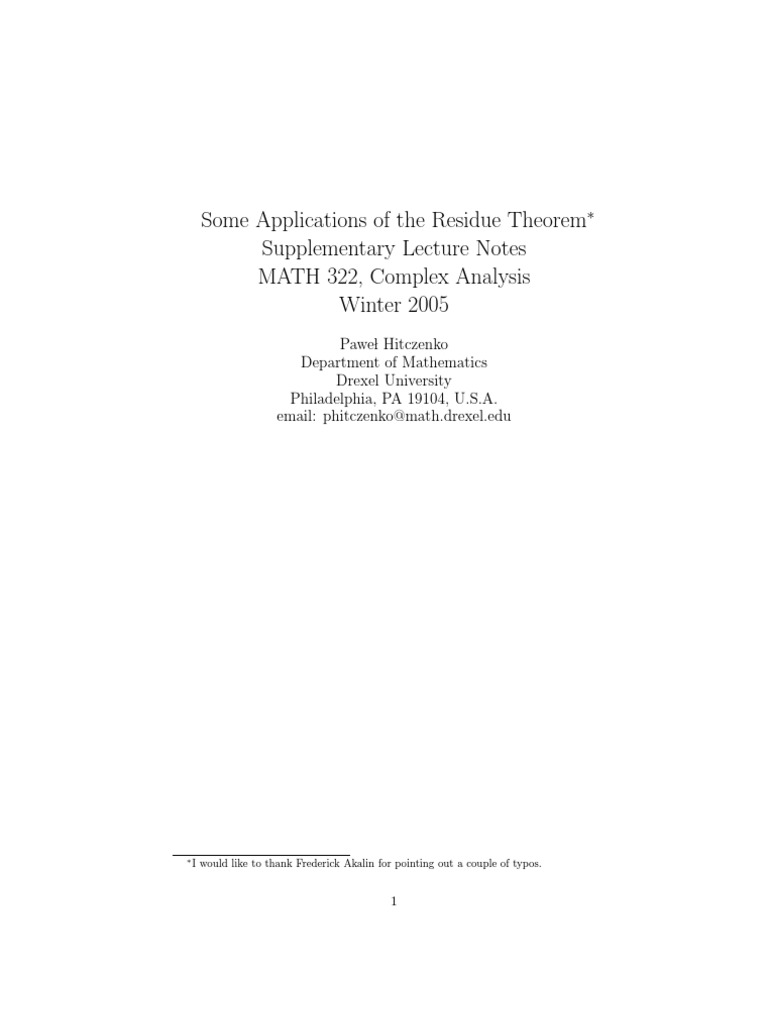 Applications of The Residue Theorem To Real Integrals-Supplementary Material by Pawel Hitczenko ...