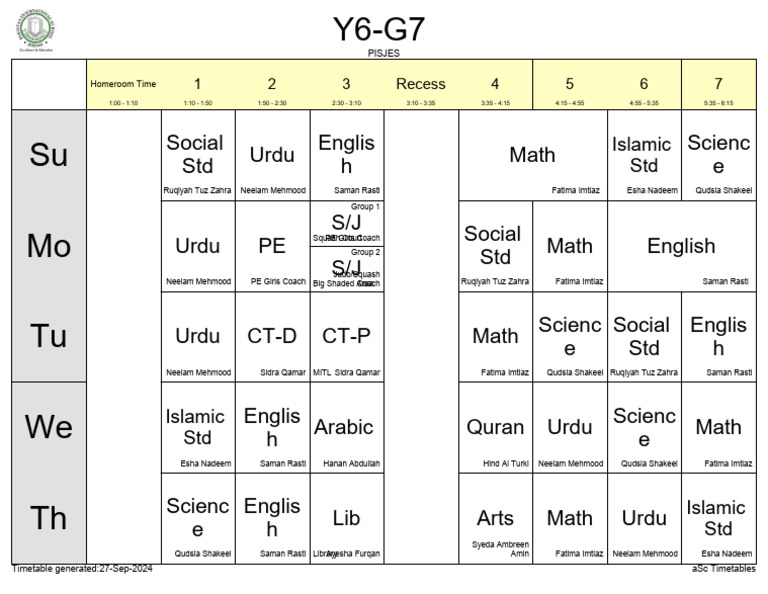 Y6-G7 Class Timetable | PDF