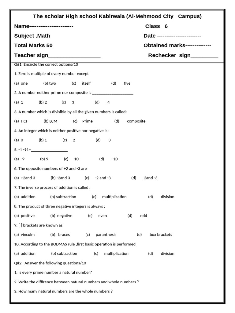 Class 6 Math Exam Paper Kabirwala | PDF | Numbers | Mathematics