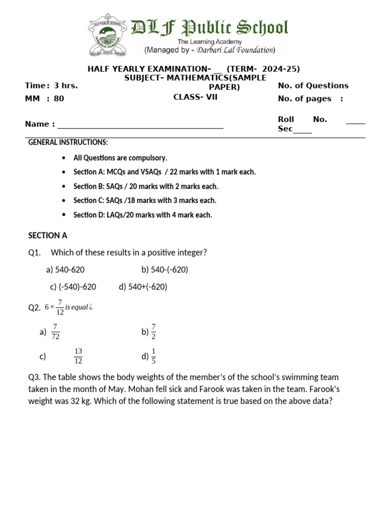 Class 7 Mathematics Half-Yearly Exam Paper | PDF | Rational Number ...