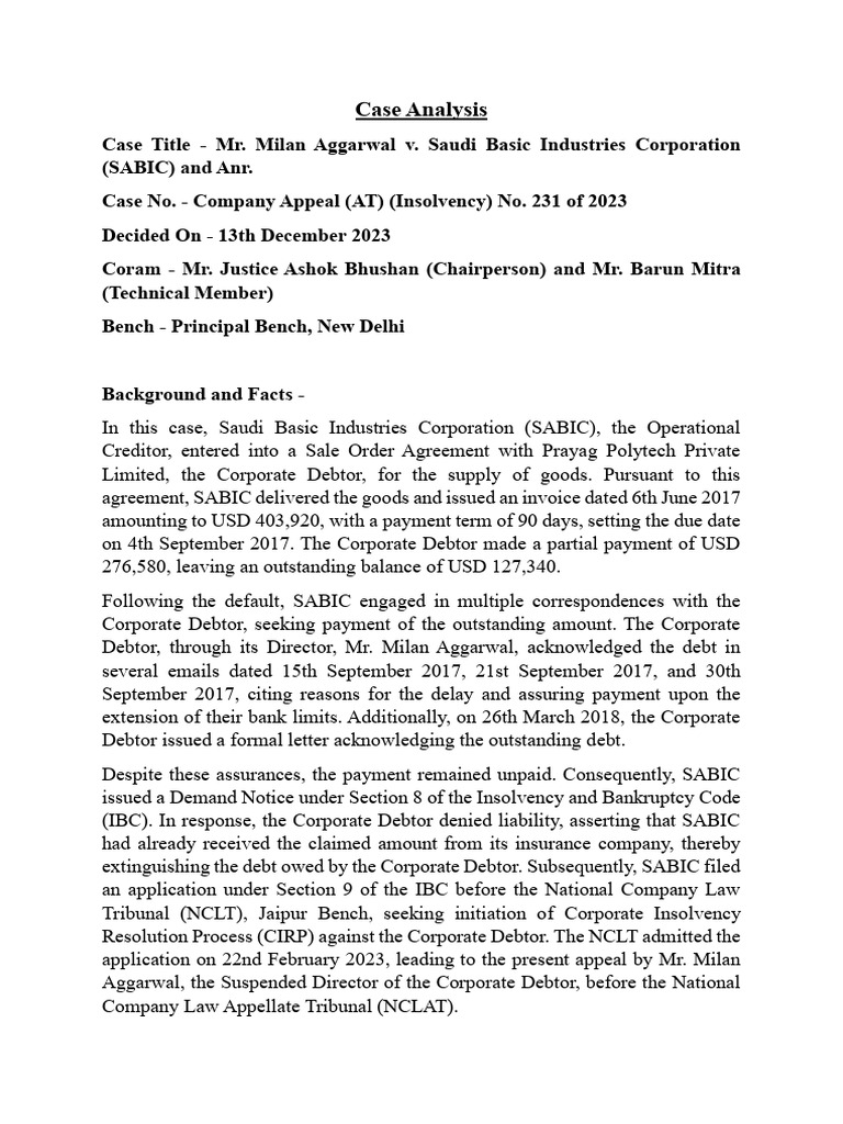 Mr. Milan Aggarwal v. SABIC and Anr. | PDF | Bankruptcy | Debtor