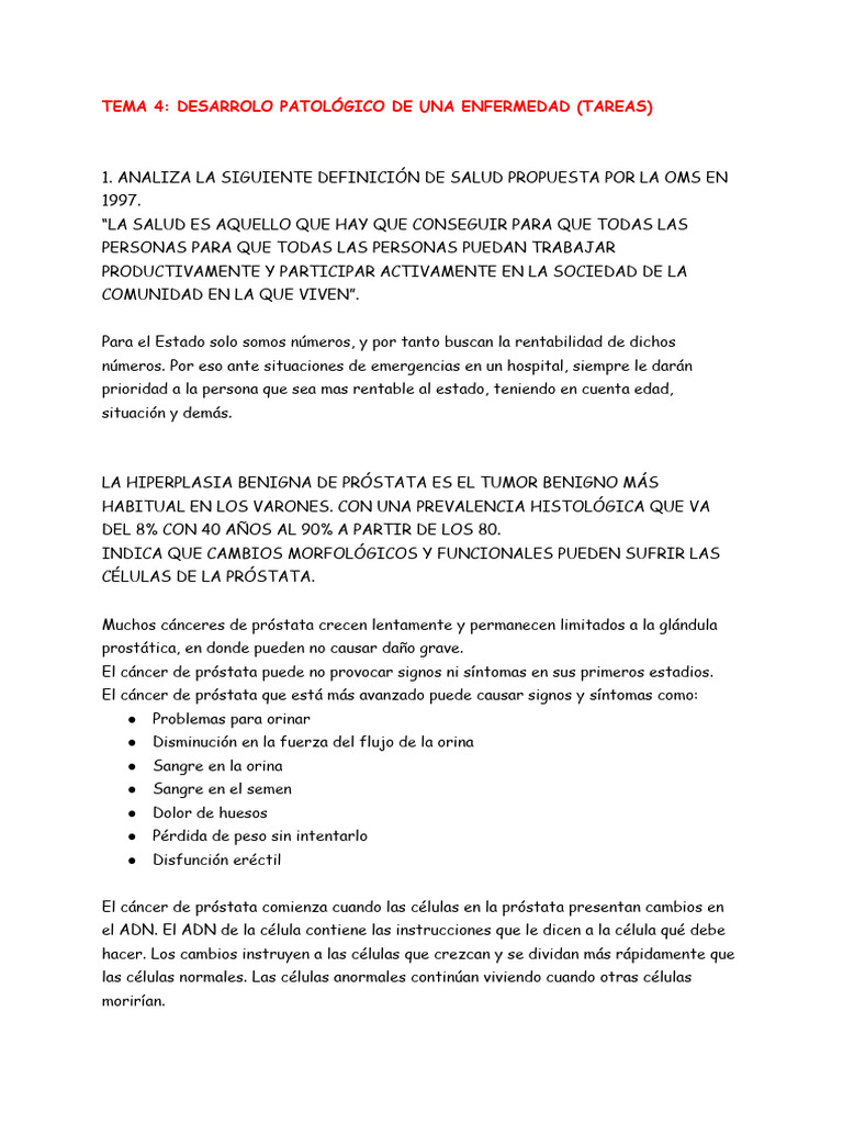 Tarea FG Tema 4 Desarrollo Patológico | PDF | Cancer de prostata | Cáncer