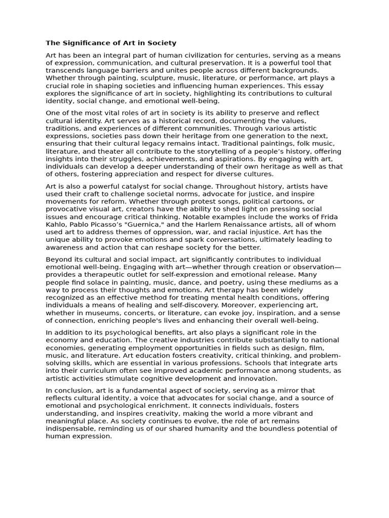 Significance of Art in Society | PDF | Creativity | Thought