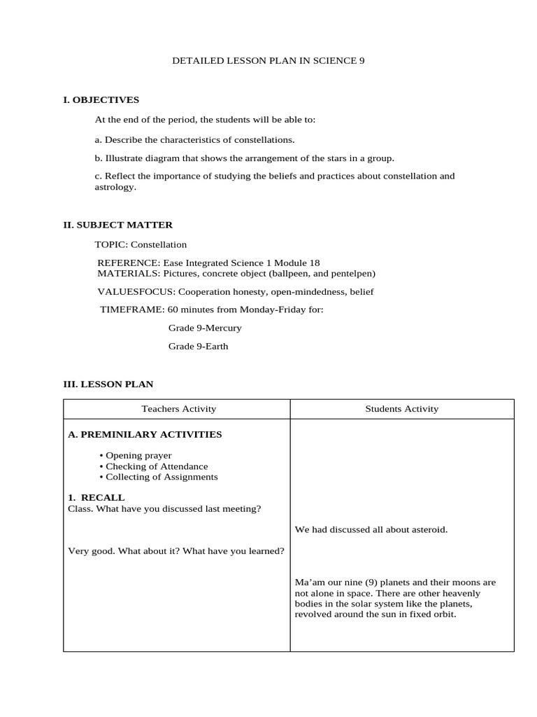 Lesson Plan in Constellation (1) | PDF | Astrological Sign | Stars