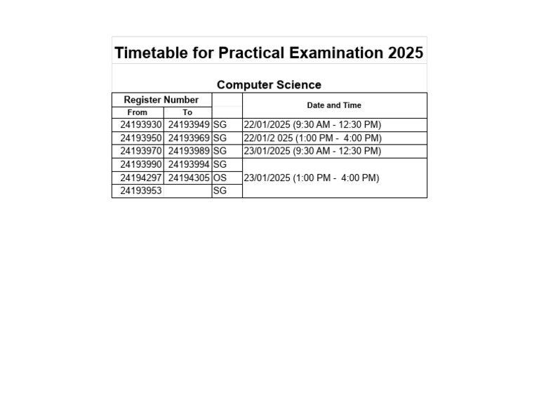 Practical Timetable - Sheet1 | PDF