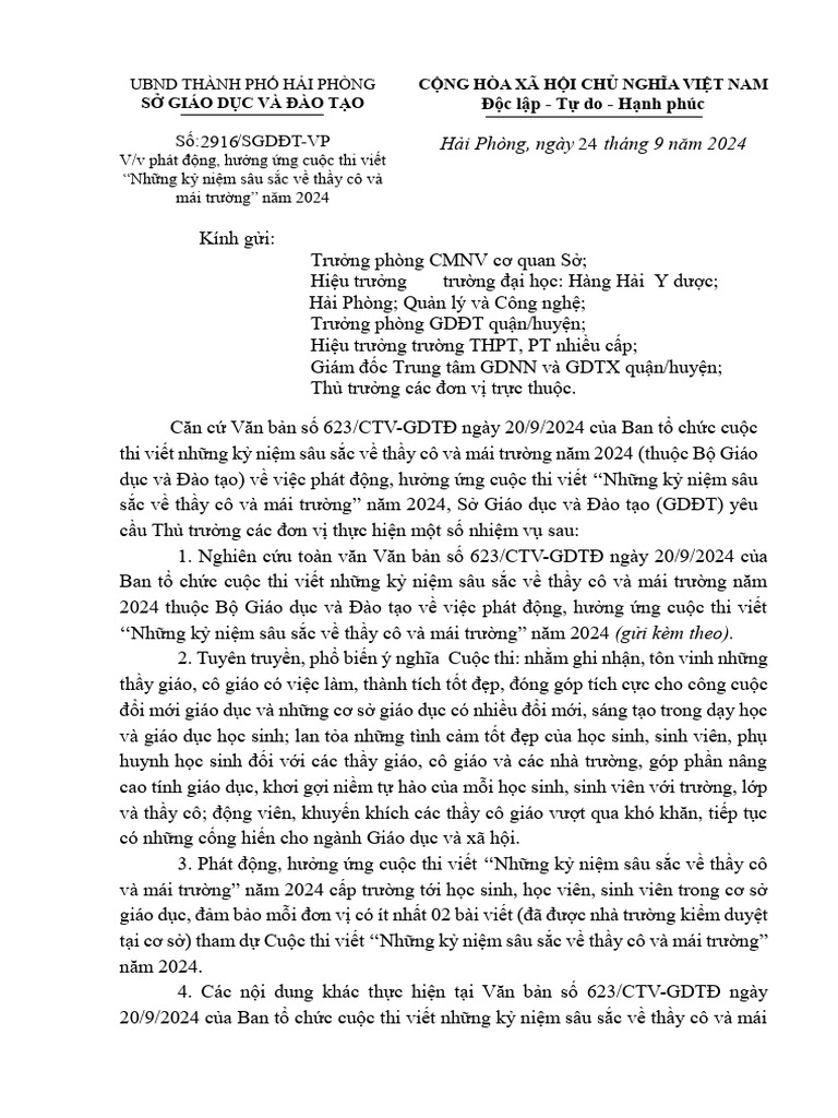 2916-CV Phat Dong Huong Ung Cuoc Thi Viet Nhung Ky Niem Sau Sac Ve Thay Co Va Mai Truong Nam ...