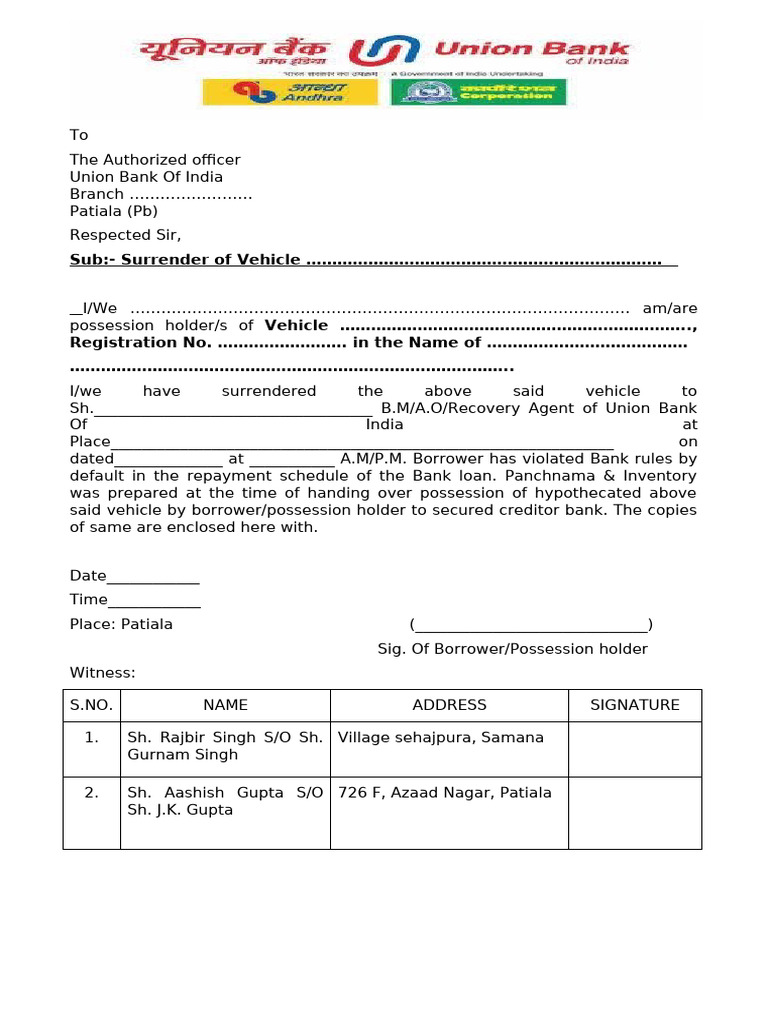 Surrender of Vehicle - Blank | PDF