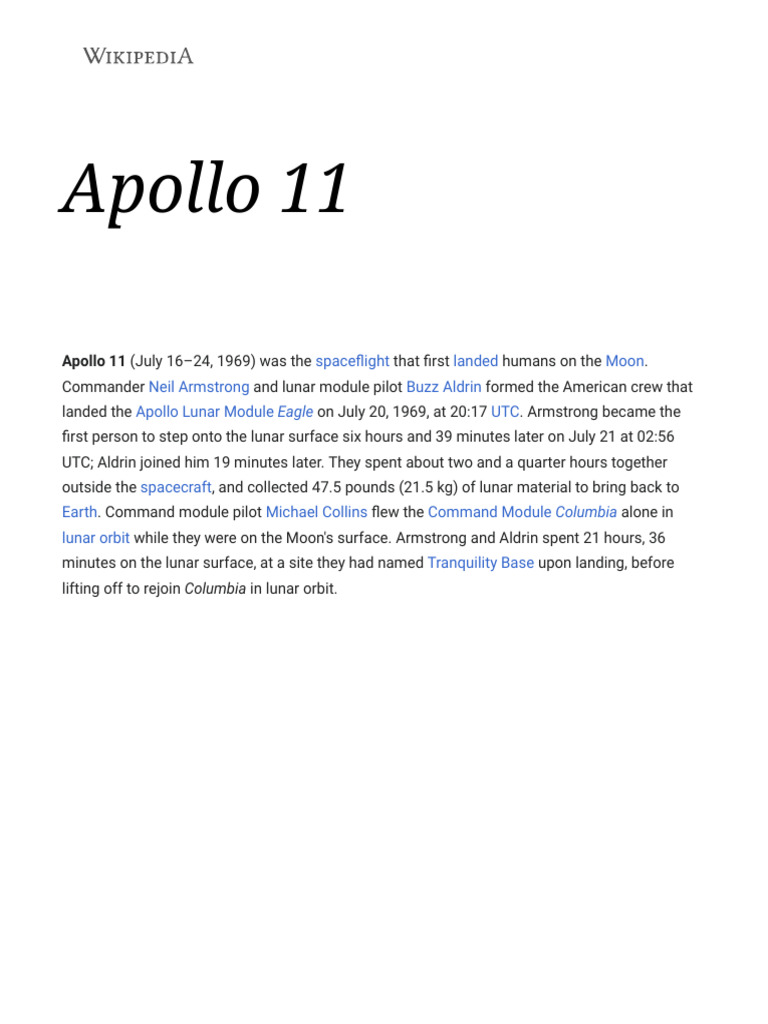 Apollo 11 - Wikipedia | PDF | Apollo 11 | Apollo Program