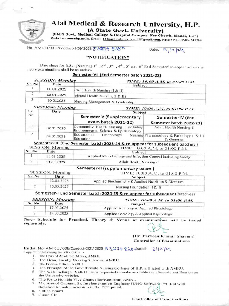Date Sheet For B.sc. (Nursing) 4th, 5th & 6th Semester Examination To ...