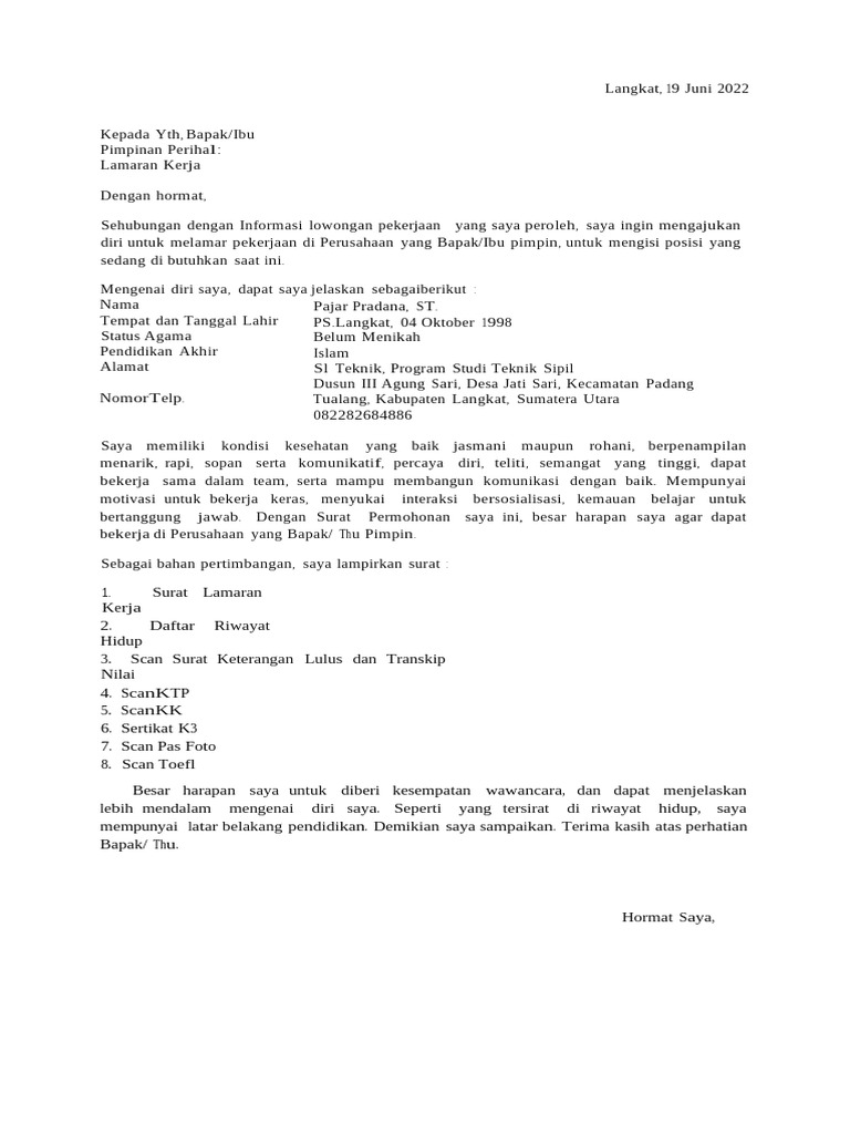 Berkas Lamaran Pajar Pradana | PDF