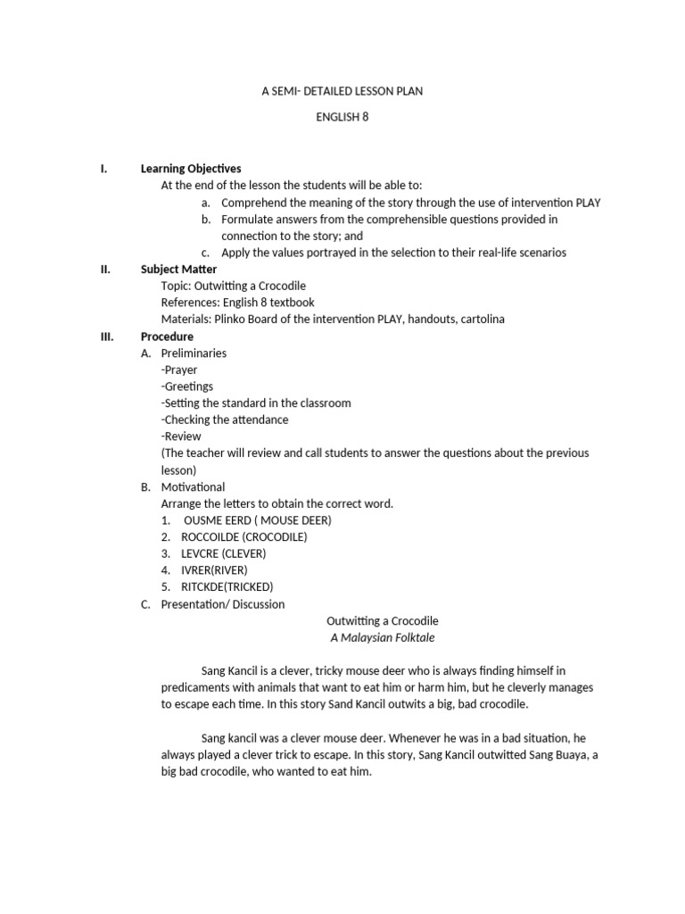 Lesson Plan: Outwitting a Crocodile | PDF