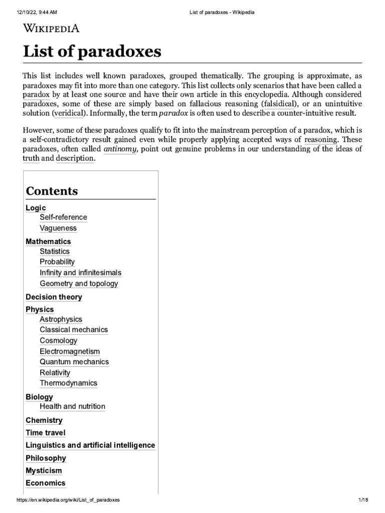 List of Paradoxes - Wikipedia | PDF