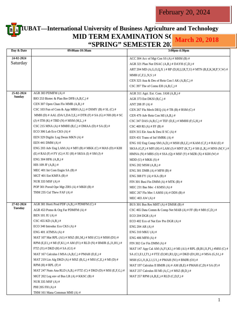 Spring 2024 Mid Term Examination Schedule 1 | PDF