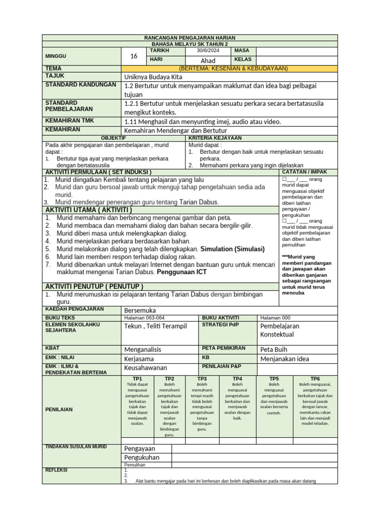 RPH Minggu 16 BM SK THN 2 2024 by Cikgu Gorgeous | PDF