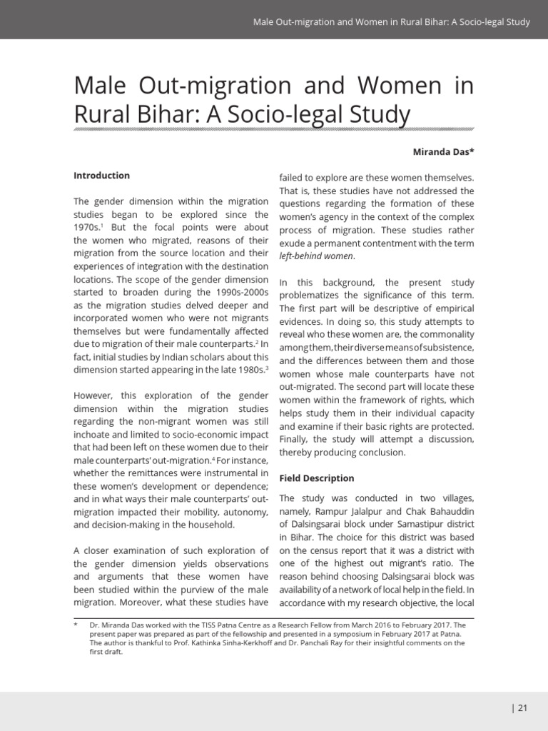 Miranda Das - Male Out-Migration and Women in Rural Bihar | PDF | Human ...