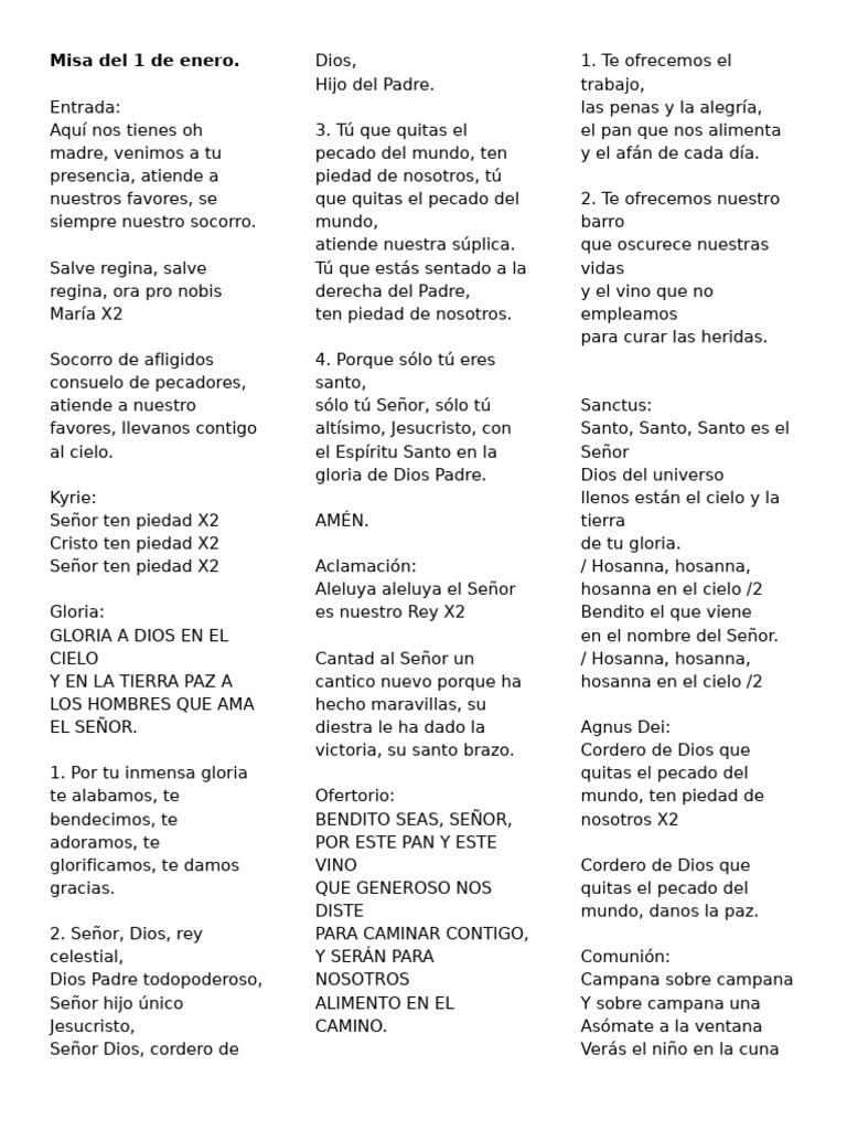 Cantos Misa Del 1 de Enero | PDF | Cordero de Dios | Creencia religiosa y doctrina