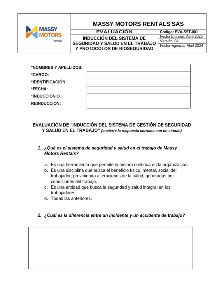 EVA-SST-001 EvaluaciÃ N InducciÃ N - ReinducciÃ N SG-SST | PDF