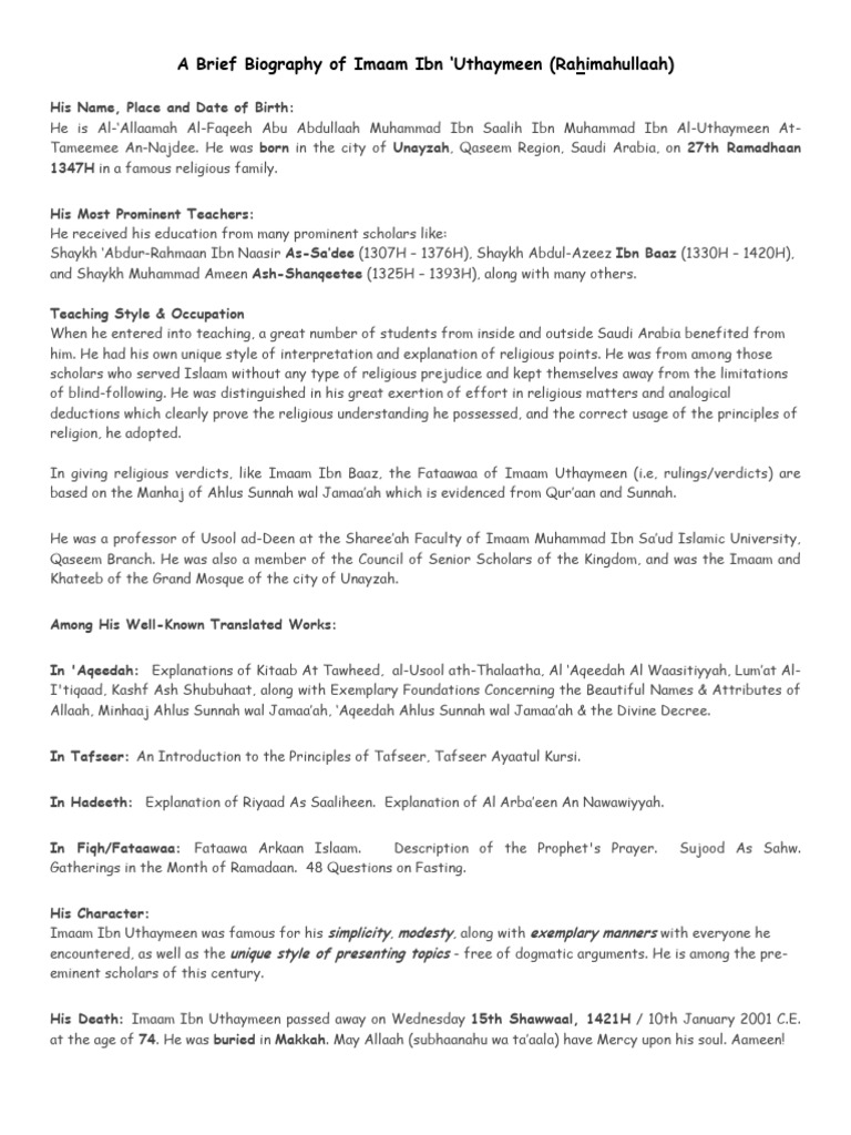 Biography of Sheikh Ibn Uthaymeen | PDF | Sunni Islam | Sheikh