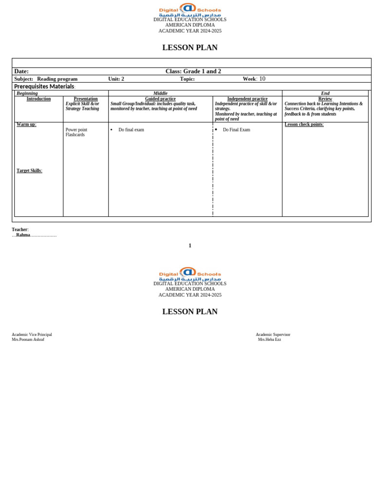 Grade 1-2 Reading Lesson Plan 2024-2025 | PDF