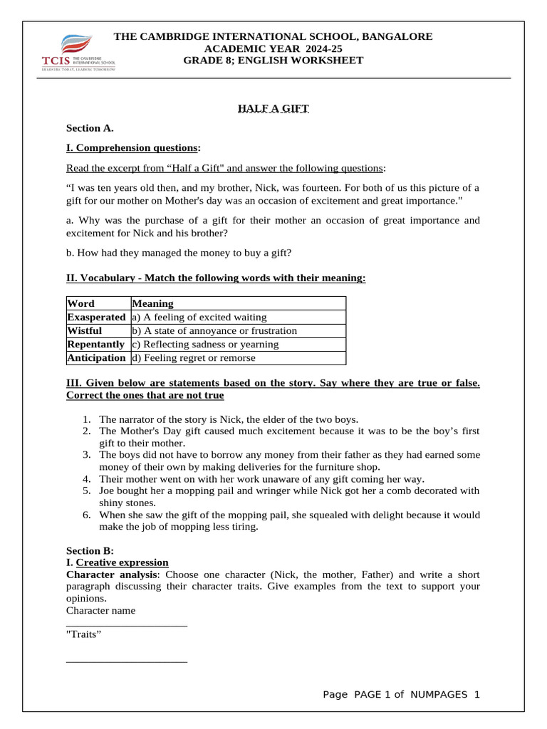 Half A Gift Worksheet Grade 8 | PDF