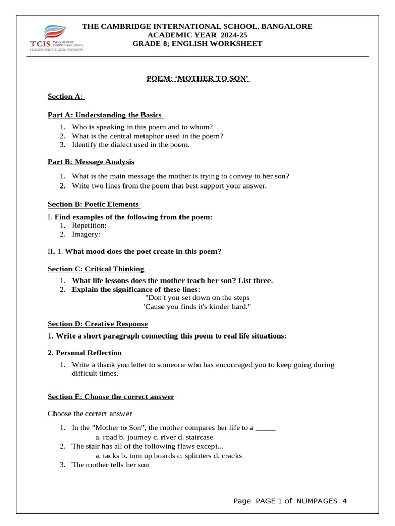 Mother To Son Grade 8 Worksheet | PDF | Poetry