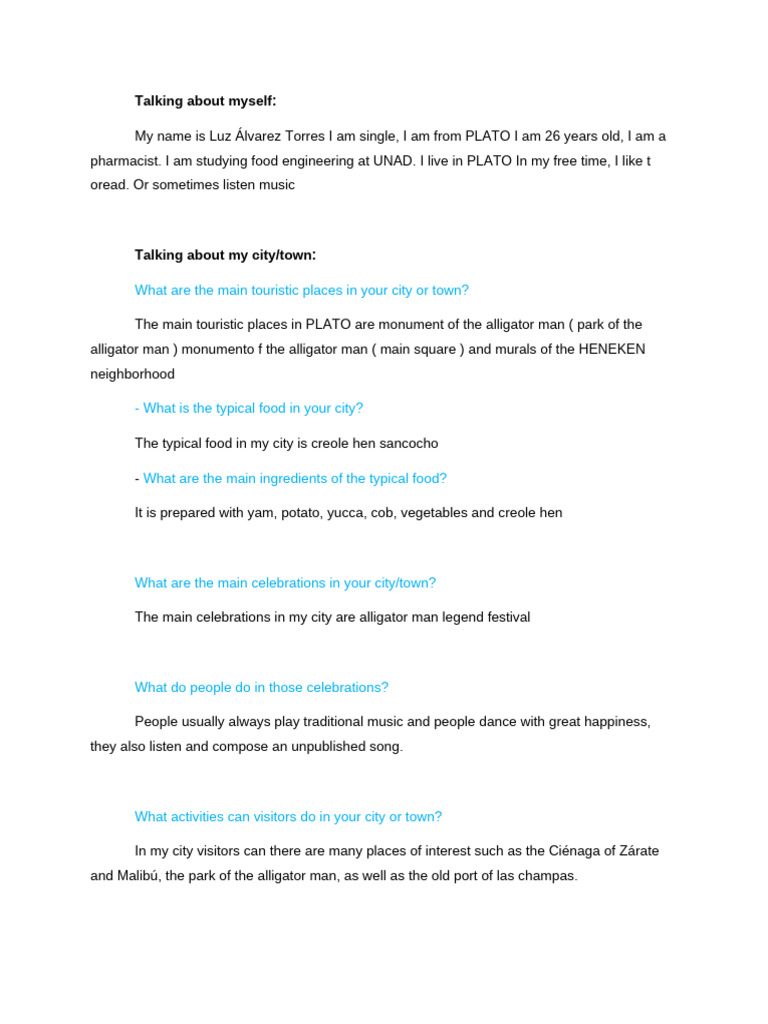 Talking About Myself Ingles | PDF | Food And Drink Preparation | Food ...
