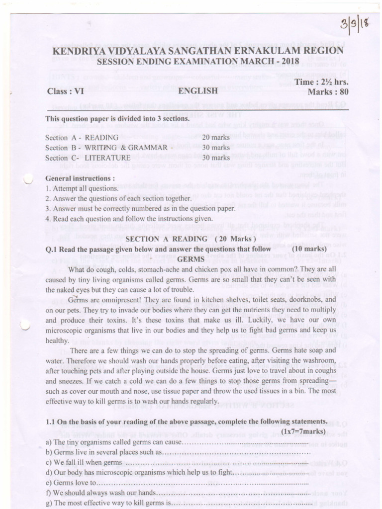 Class VI English Exam Paper March 2018 | PDF | Biology