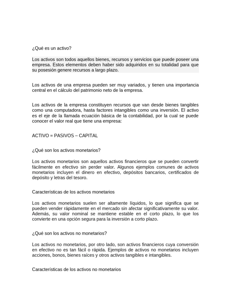 Tipos de Activos: Monetarios y No Monetarios | PDF | Portafolio ...