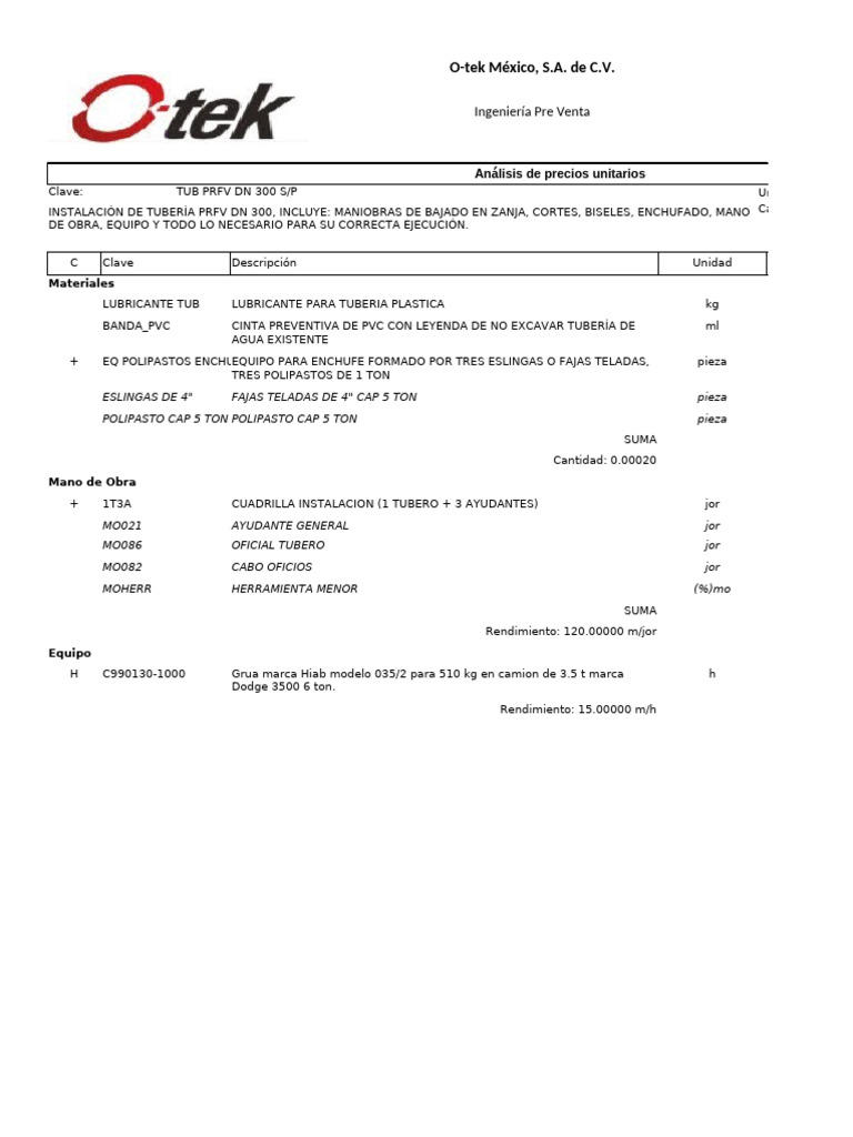 Rendimientos Instalación de Tubería PRFV DN 300 - 600 - 700 - 900 | PDF | Tubería (transporte de ...
