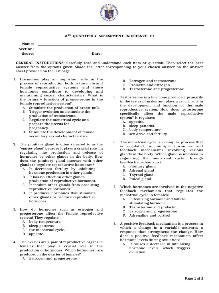 Revised Quarter 3 Assessment Grade 10 Science 1 | PDF | Menstrual Cycle ...