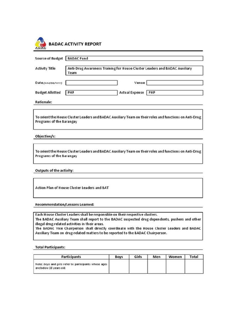 badac activity report doc sample form | PDF