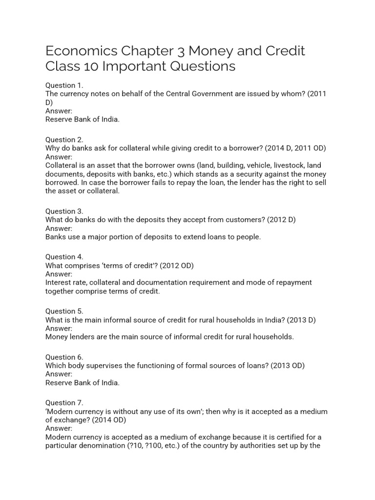 Economics Chapter 3 Money and Credit Important Questions - Ic150307 ...