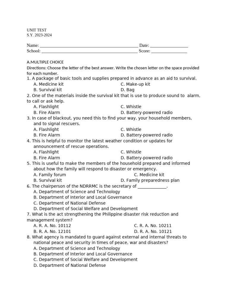 Philippine Disaster Preparedness Quiz | PDF | Hazards | Fuels