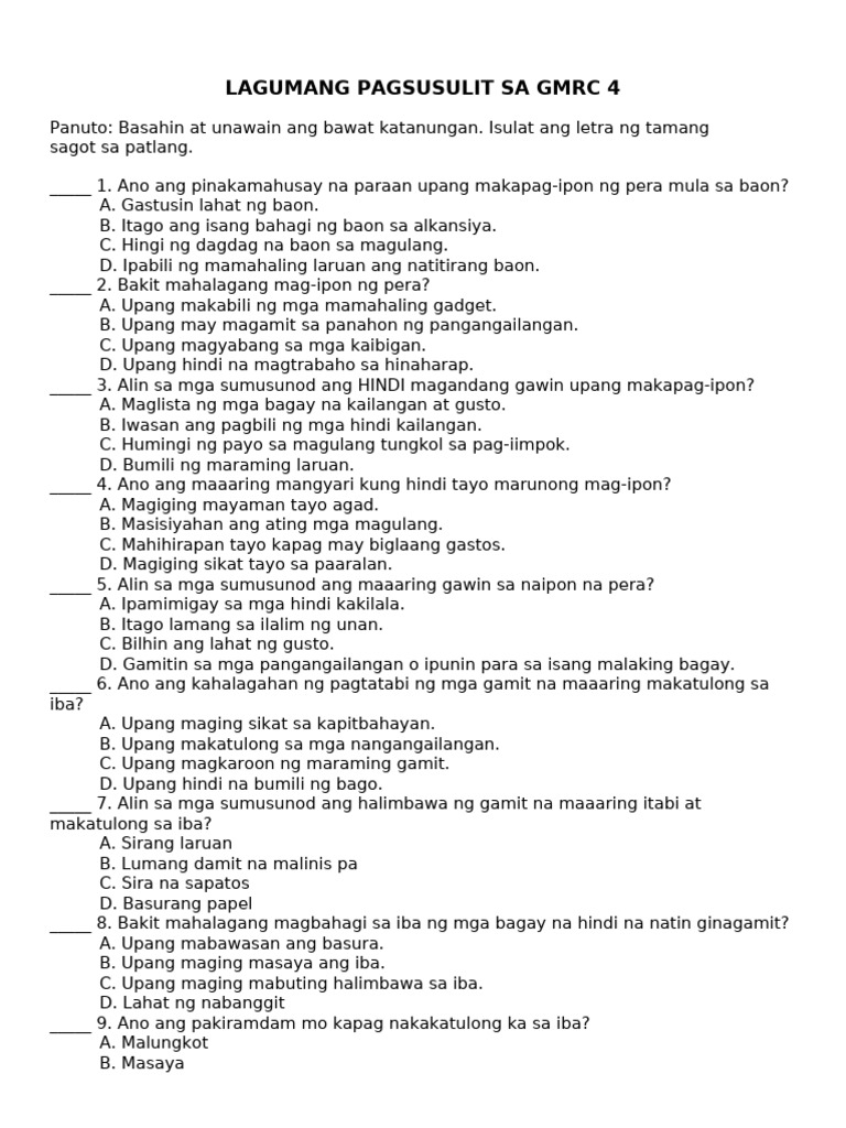 Gmrc-Q3-W1-2-Lagumang Pagsusulit 1 | PDF