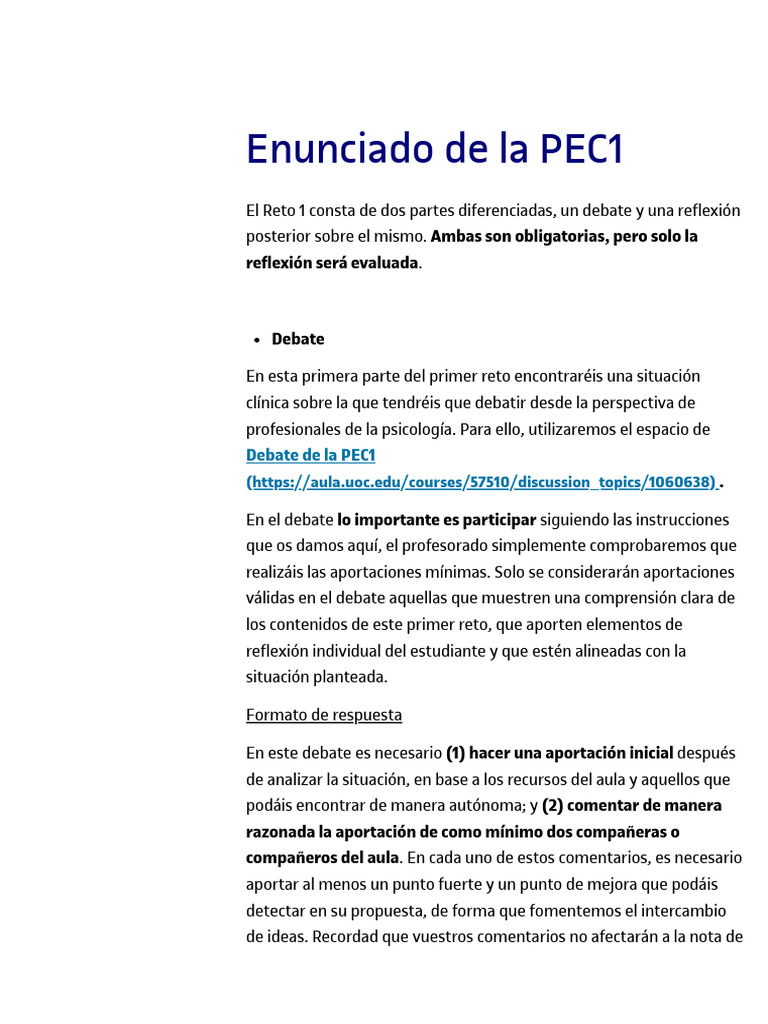 Enunciado de La PEC1: Técnicas de Intervención y Tratamiento Psicológico - Aula | PDF | Salón de ...