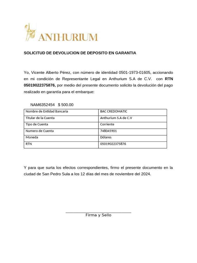 Solicitud de Devolucion de Deposito en Garantia | PDF