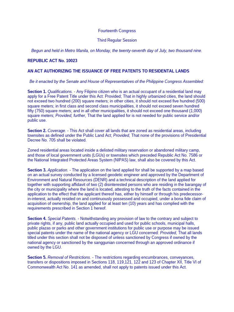 RA-10023-Residential-Free-Patent | PDF | Government | Governance