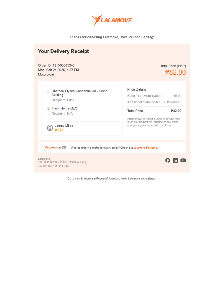 Lalamove E-Receipt Details | PDF