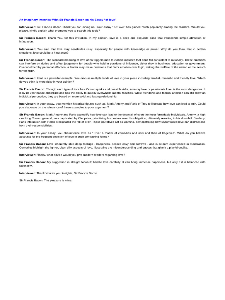 An Imaginary Interview With Sir Francis Bacon On His Essay "Of Love ...