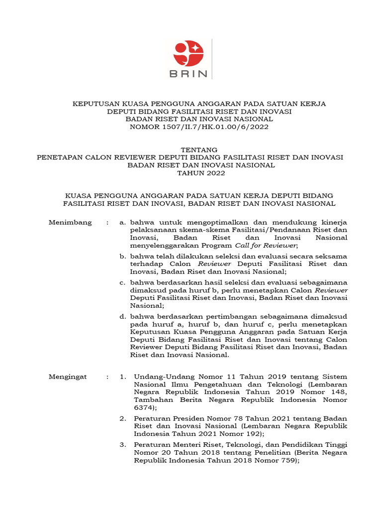 Penetapan Calon Reviewer BRIN 2022 | PDF