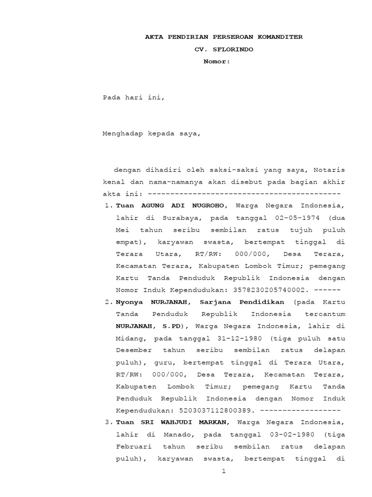 Draft Akta Pendirian CV Sflorindo | PDF
